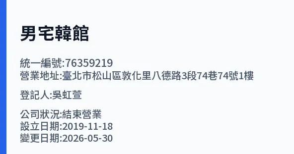 男宅韓館的照片-統編 76359219(臺北市) 公司登記資料與營業項目詳細圖表