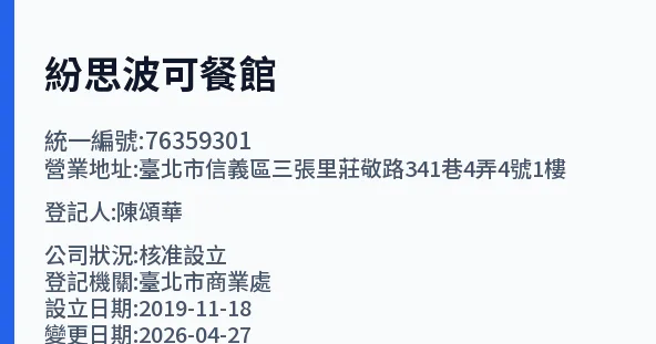 紛思波可餐館的照片-統編 76359301(臺北市) 公司登記資料與營業項目詳細圖表
