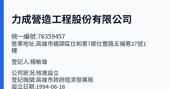 力成營造工程股份有限公司的照片-統編 76359457(高雄市) 公司登記資料與營業項目詳細圖表