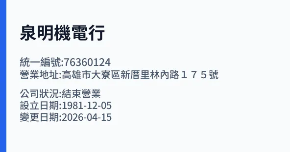 泉明機電行的照片-統編 76360124(高雄市) 公司登記資料與營業項目詳細圖表