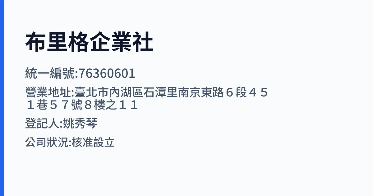 布里格企業社 - 統編 76360601(臺北市) 公司登記資料與營業項目詳細圖表