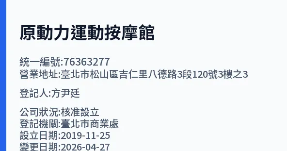 原動力運動按摩館的照片-統編 76363277(臺北市) 公司登記資料與營業項目詳細圖表