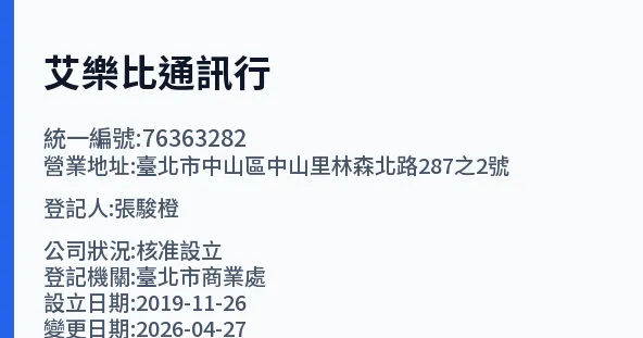 艾樂比通訊行的照片-統編 76363282(臺北市) 公司登記資料與營業項目詳細圖表