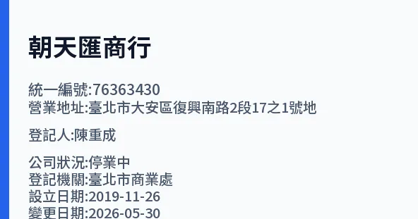 朝天匯商行的照片-統編 76363430(臺北市) 公司登記資料與營業項目詳細圖表