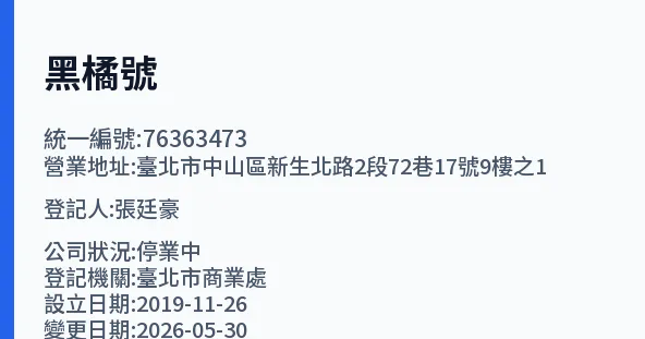 黑橘號的照片-統編 76363473(臺北市) 公司登記資料與營業項目詳細圖表