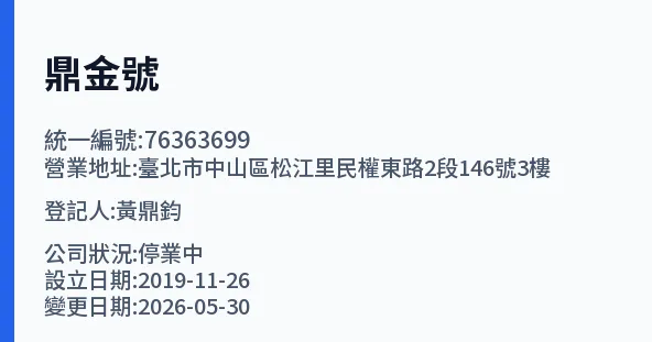 鼎金號的照片-統編 76363699(臺北市) 公司登記資料與營業項目詳細圖表
