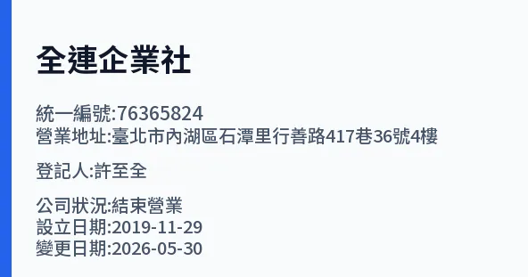 全連企業社的照片-統編 76365824(臺北市) 公司登記資料與營業項目詳細圖表