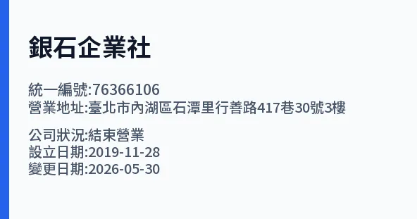 銀石企業社的照片-統編 76366106(臺北市) 公司登記資料與營業項目詳細圖表