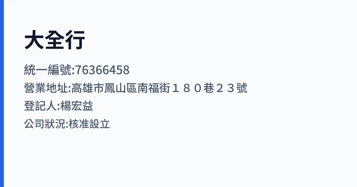 大全行 - 統編 76366458(高雄市) 公司登記資料與營業項目詳細圖表