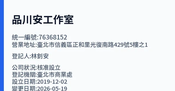 品川安工作室的照片-統編 76368152(臺北市) 公司登記資料與營業項目詳細圖表