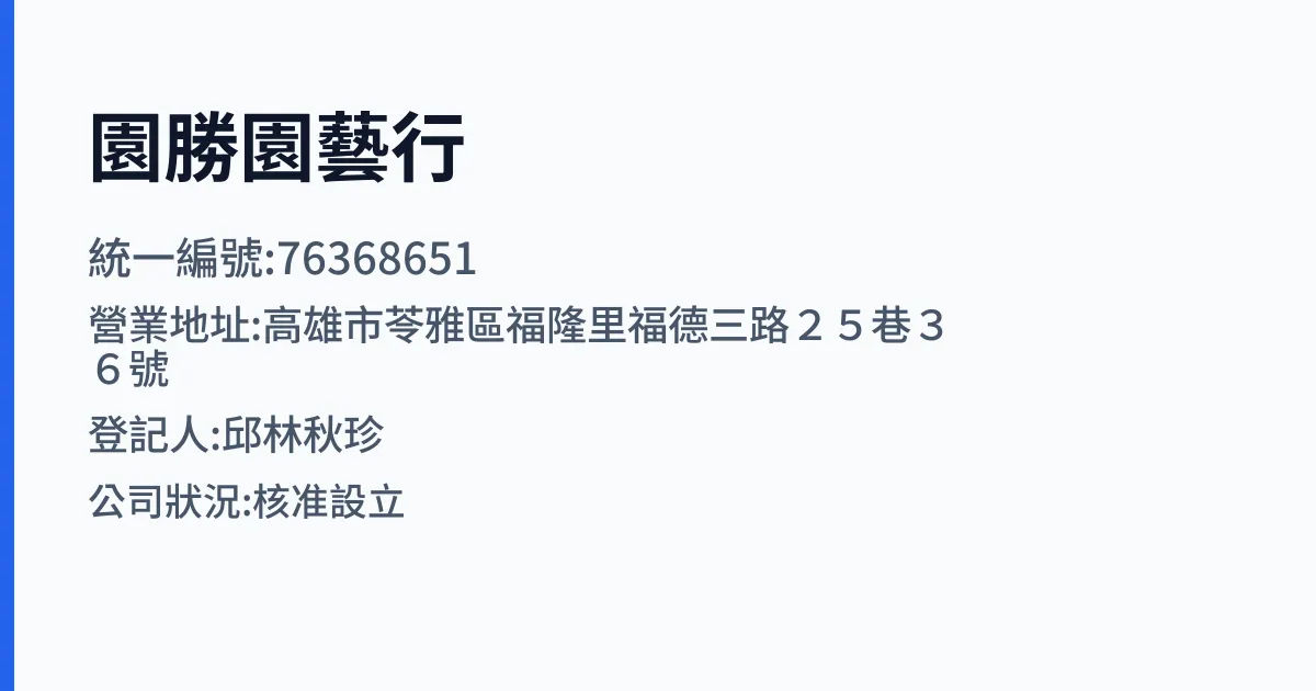 園勝園藝行 - 統編 76368651(高雄市) 公司登記資料與營業項目詳細圖表