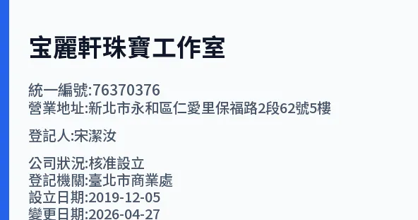 宝麗軒珠寶工作室的照片-統編 76370376(新北市) 公司登記資料與營業項目詳細圖表