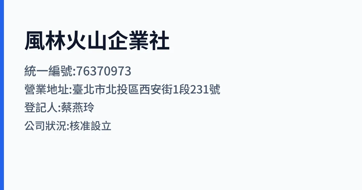 風林火山企業社 - 統編 76370973（臺北市） 公司登記資料與營業項目詳細圖表
