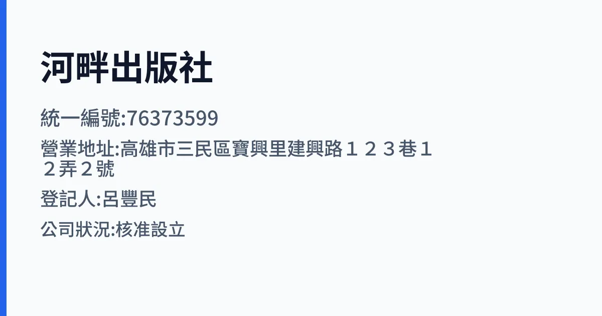 河畔出版社 - 統編 76373599(高雄市) 公司登記資料與營業項目詳細圖表