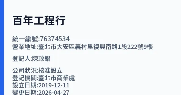 百年工程行的照片-統編 76374534(臺北市) 公司登記資料與營業項目詳細圖表