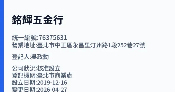 銘輝五金行的照片-統編 76375631(臺北市) 公司登記資料與營業項目詳細圖表