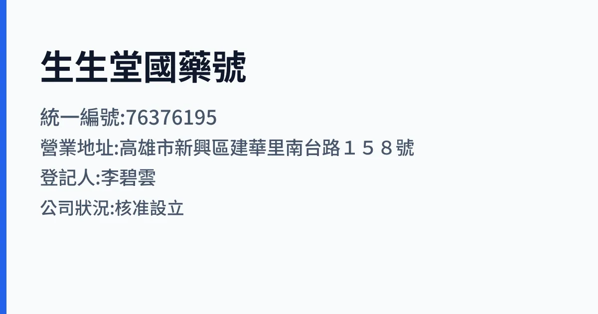 生生堂國藥號 - 統編 76376195(高雄市) 公司登記資料與營業項目詳細圖表