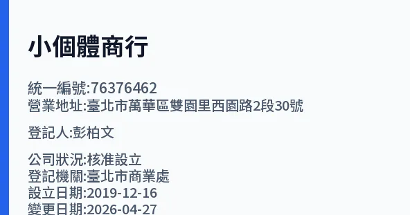 小個體商行的照片-統編 76376462(臺北市) 公司登記資料與營業項目詳細圖表