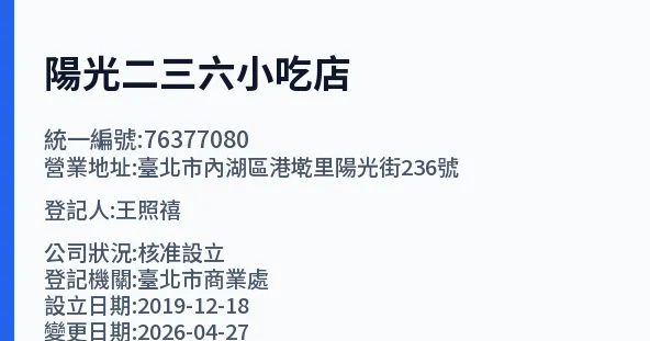 陽光二三六小吃店的照片-統編 76377080(臺北市) 公司登記資料與營業項目詳細圖表