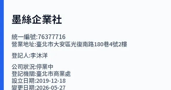 墨絲企業社的照片-統編 76377716(臺北市) 公司登記資料與營業項目詳細圖表