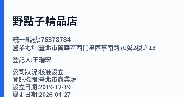 野點子精品店的照片-統編 76378784(臺北市) 公司登記資料與營業項目詳細圖表