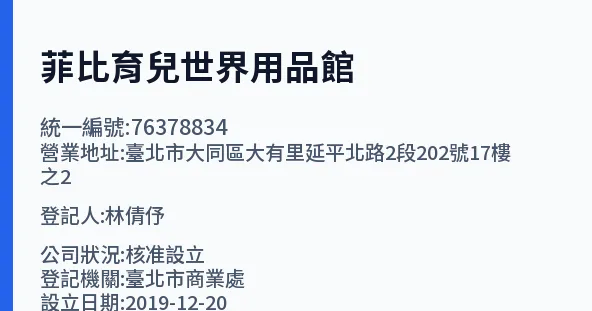 菲比育兒世界用品館的照片-統編 76378834(臺北市) 公司登記資料與營業項目詳細圖表