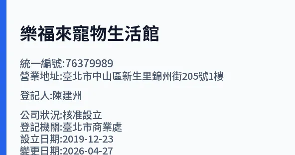 樂福來寵物生活館的照片-統編 76379989(臺北市) 公司登記資料與營業項目詳細圖表