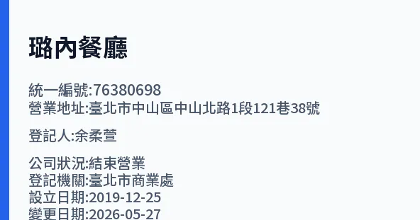 璐內餐廳的照片-統編 76380698(臺北市) 公司登記資料與營業項目詳細圖表