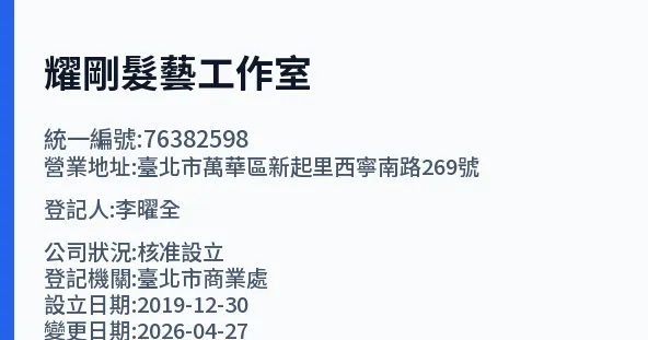 耀剛髮藝工作室的照片-統編 76382598(臺北市) 公司登記資料與營業項目詳細圖表