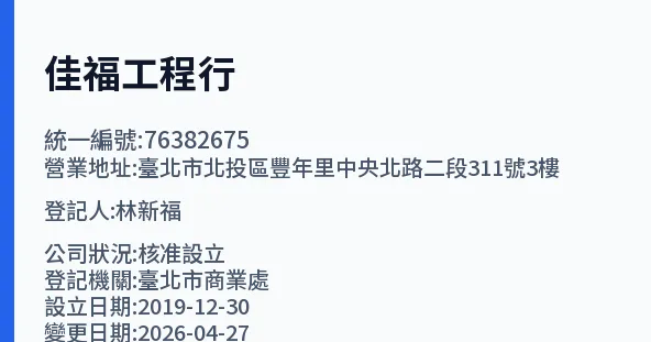 佳福工程行的照片-統編 76382675(臺北市) 公司登記資料與營業項目詳細圖表