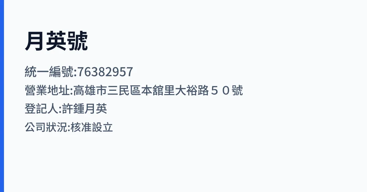 月英號 - 統編 76382957(高雄市) 公司登記資料與營業項目詳細圖表