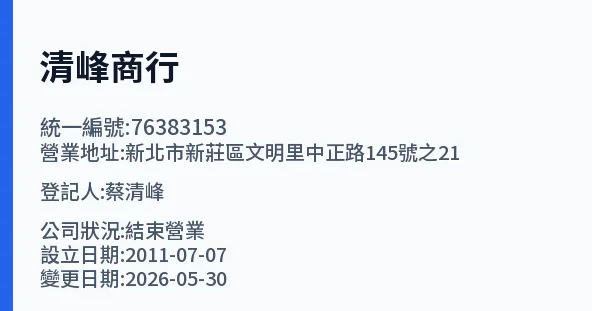 清峰商行的照片-統編 76383153(新北市) 公司登記資料與營業項目詳細圖表