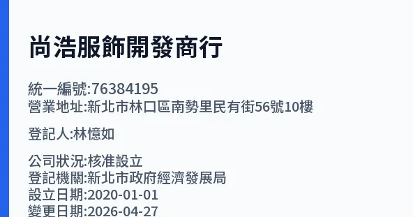 尚浩服飾開發商行的照片-統編 76384195(新北市) 公司登記資料與營業項目詳細圖表