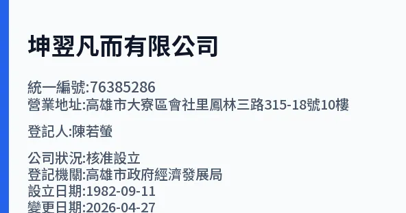 坤翌凡而有限公司的照片-統編 76385286(高雄市) 公司登記資料與營業項目詳細圖表
