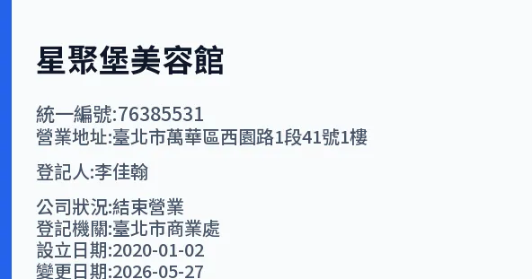 星聚堡美容館的照片-統編 76385531(臺北市) 公司登記資料與營業項目詳細圖表