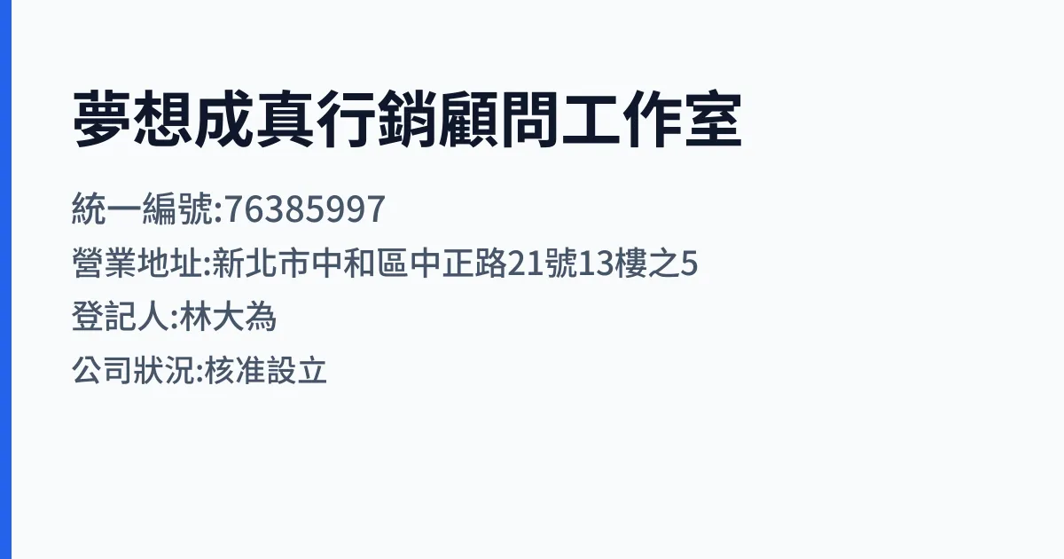 夢想成真行銷顧問工作室 - 統編 76385997(新北市) 公司登記資料與營業項目詳細圖表