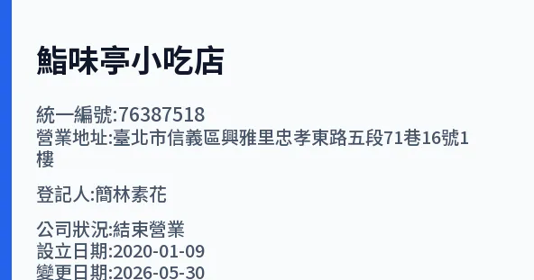 鮨味亭小吃店的照片-統編 76387518(臺北市) 公司登記資料與營業項目詳細圖表
