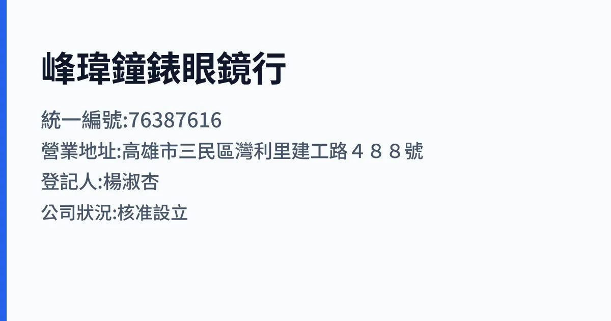 峰瑋鐘錶眼鏡行 - 統編 76387616(高雄市) 公司登記資料與營業項目詳細圖表