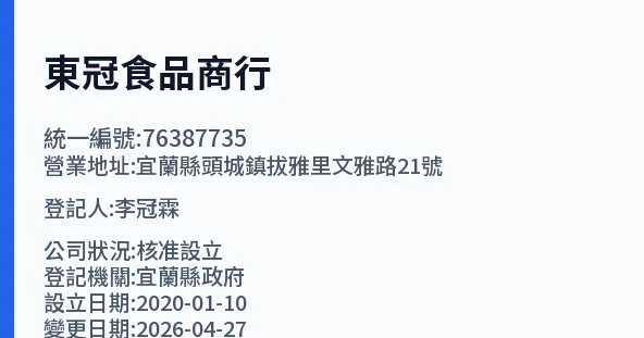 東冠食品商行的照片-統編 76387735(宜蘭縣) 公司登記資料與營業項目詳細圖表
