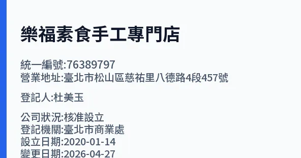 樂福素食手工專門店的照片-統編 76389797(臺北市) 公司登記資料與營業項目詳細圖表