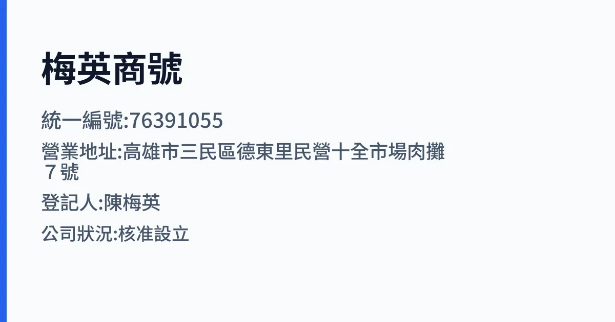 梅英商號 - 統編 76391055(高雄市) 公司登記資料與營業項目詳細圖表