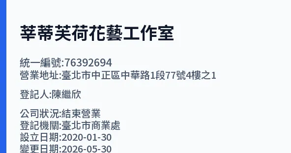 莘蒂芙荷花藝工作室的照片-統編 76392694(臺北市) 公司登記資料與營業項目詳細圖表