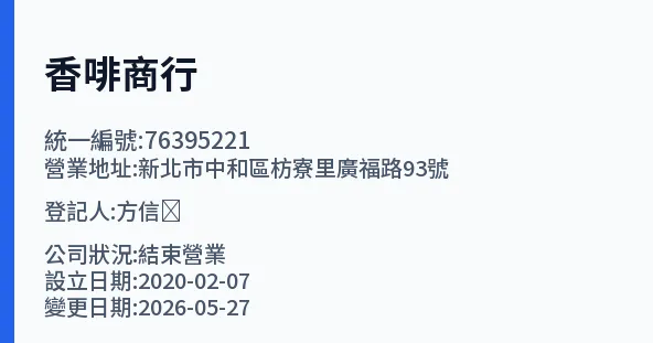 香啡商行的照片-統編 76395221(新北市) 公司登記資料與營業項目詳細圖表