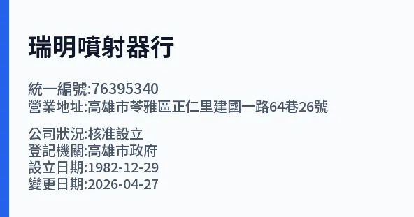瑞明噴射器行的照片-統編 76395340(高雄市) 公司登記資料與營業項目詳細圖表