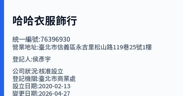 哈哈衣服飾行的照片-統編 76396930(臺北市) 公司登記資料與營業項目詳細圖表