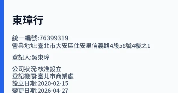 東璋行的照片-統編 76399319(臺北市) 公司登記資料與營業項目詳細圖表