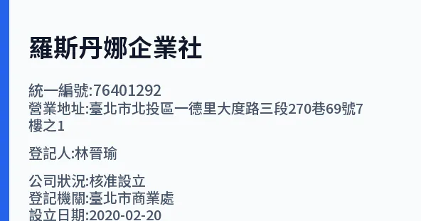 羅斯丹娜企業社的照片-統編 76401292(臺北市) 公司登記資料與營業項目詳細圖表