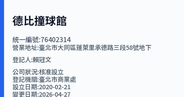 德比撞球館的照片-統編 76402314(臺北市) 公司登記資料與營業項目詳細圖表