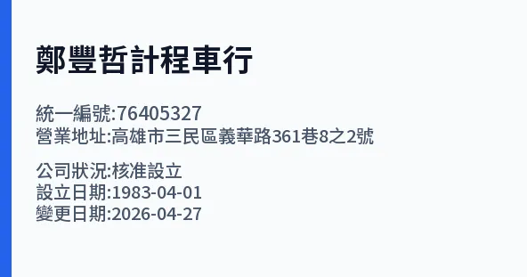 鄭豐哲計程車行的照片-統編 76405327(高雄市) 公司登記資料與營業項目詳細圖表