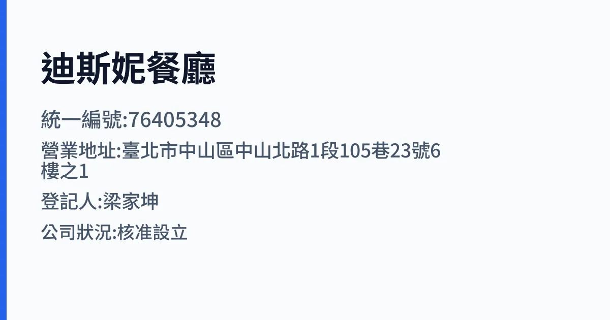 迪斯妮餐廳 - 統編 76405348(臺北市) 公司登記資料與營業項目詳細圖表